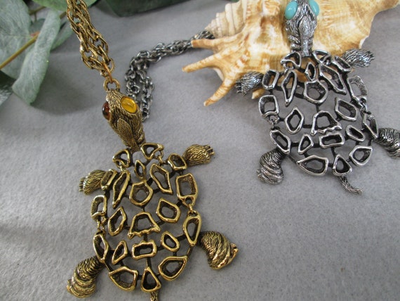Rare Large Vintage 70's TURTLE Necklace>Gold or Silve… - Gem
