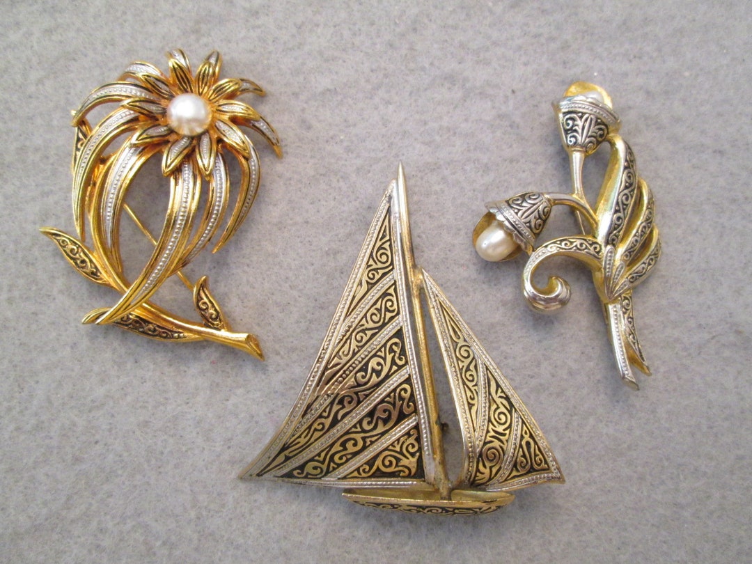 Spanish Damascene Brooches>spain Damascene Pins,vintage Damascene ...