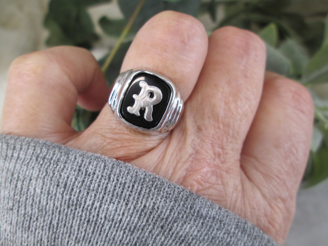 STERLING Silver INITIAL Rings>boy's/men's Genuine ONYX Initial Ring ...