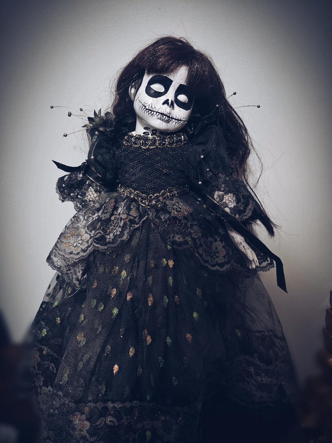 Gothic Art Doll OOAK Porcelain Figure, Hand-painted Skull Face, Black ...