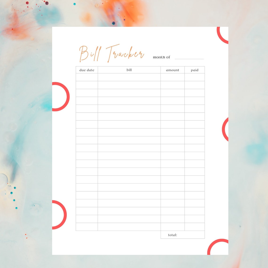 Cute Summer Bill Sheet Bill Tracker for Credit Cards, Utilities, House ...
