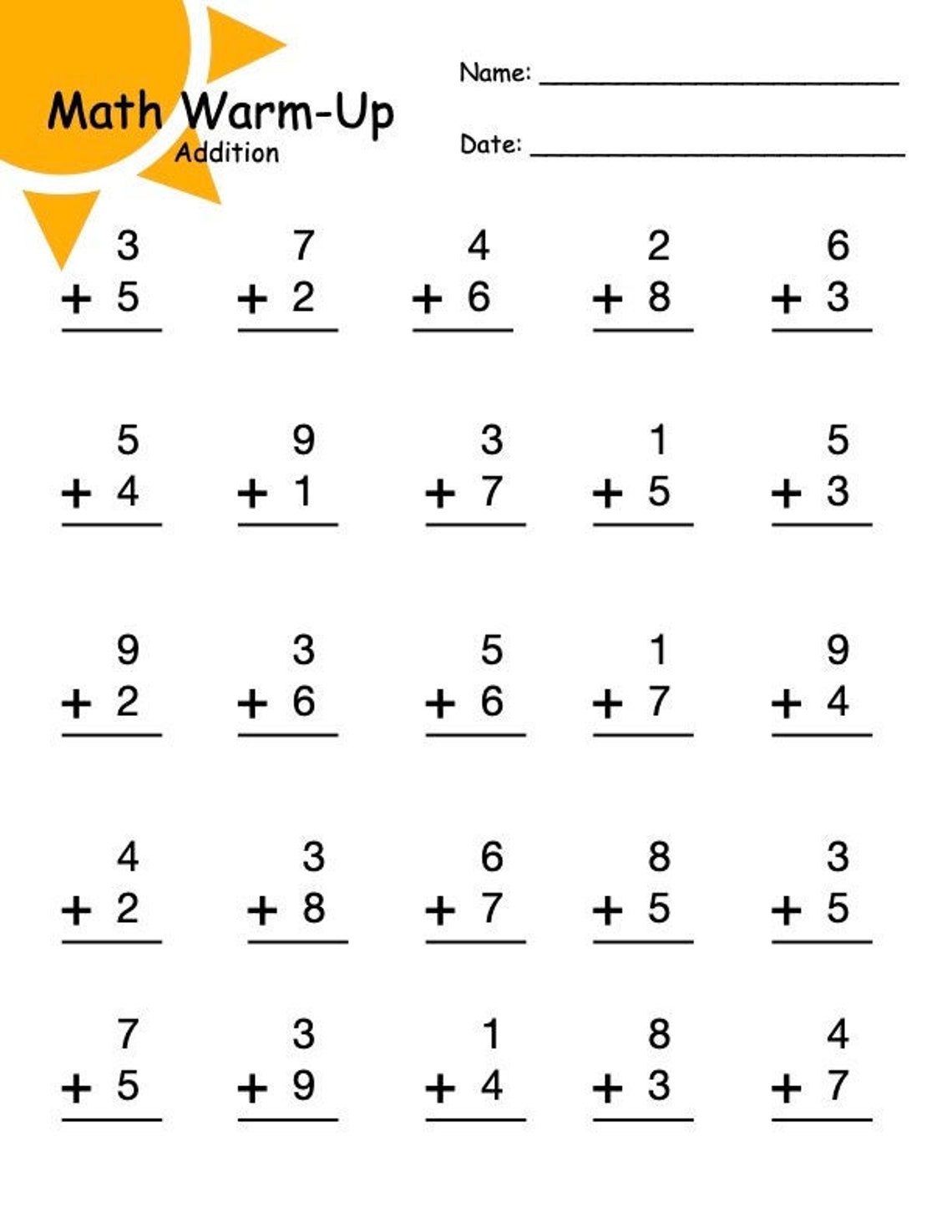 Addition Warm-up or Homework Learning Worksheet for Elementary Students ...