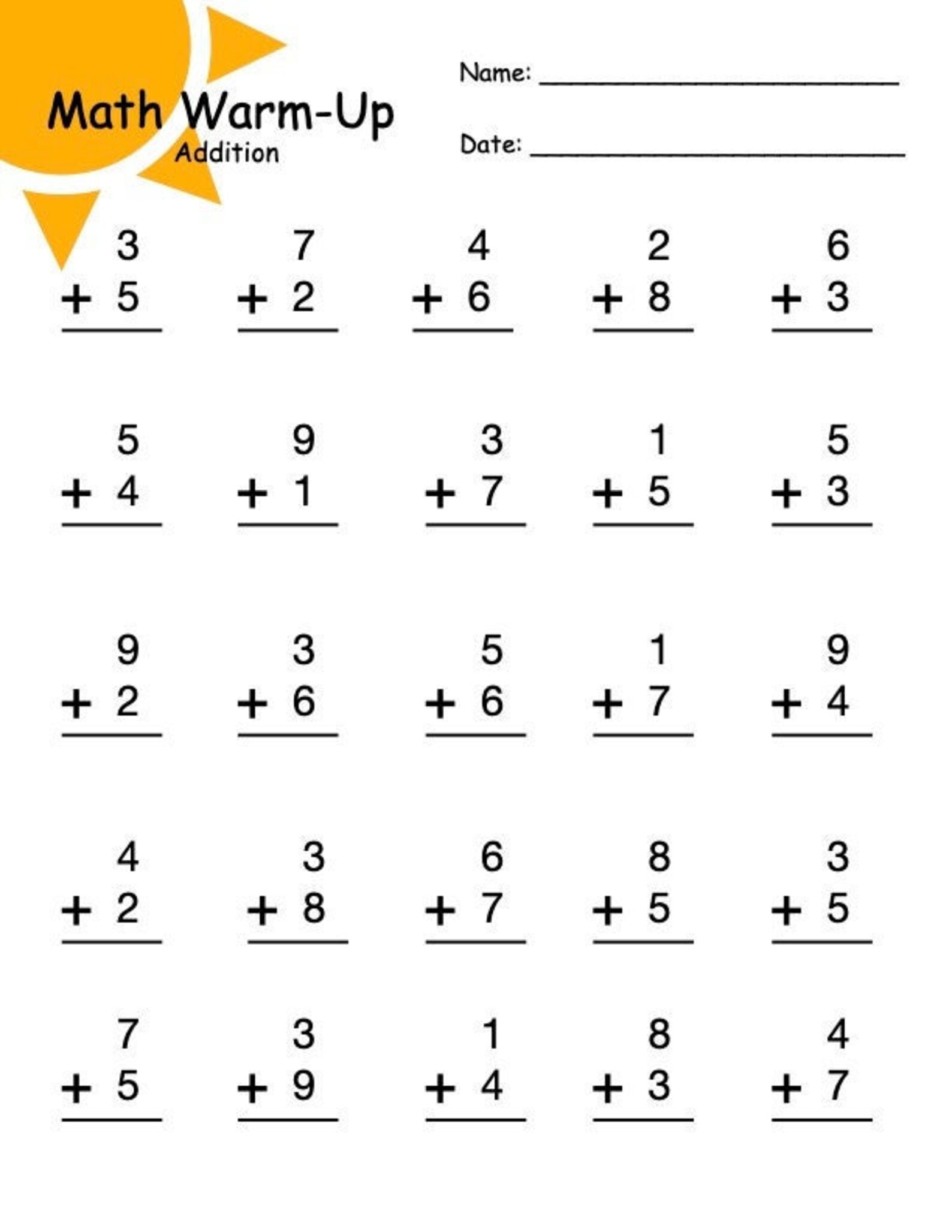 Addition Warm-up or Homework Learning Worksheet for Elementary Students ...