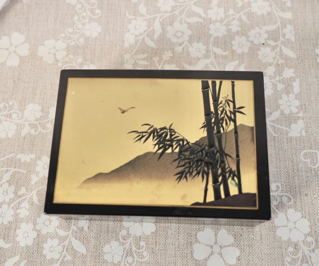 Vintage Storage Box Black Plastic Box Picture With Bamboo and Mountains ...