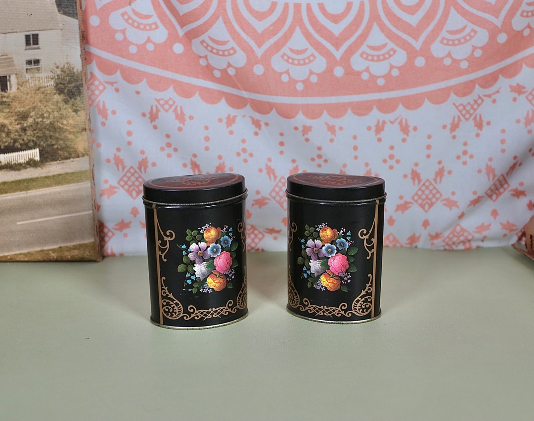 Vintage Tins 2 Small Black Floral Storage Tins - Etsy