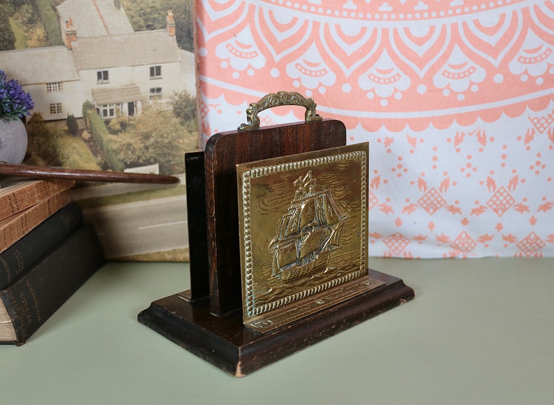 Vintage Letter Rack Boat Pictured Brass and Wood Letter Rack - Etsy