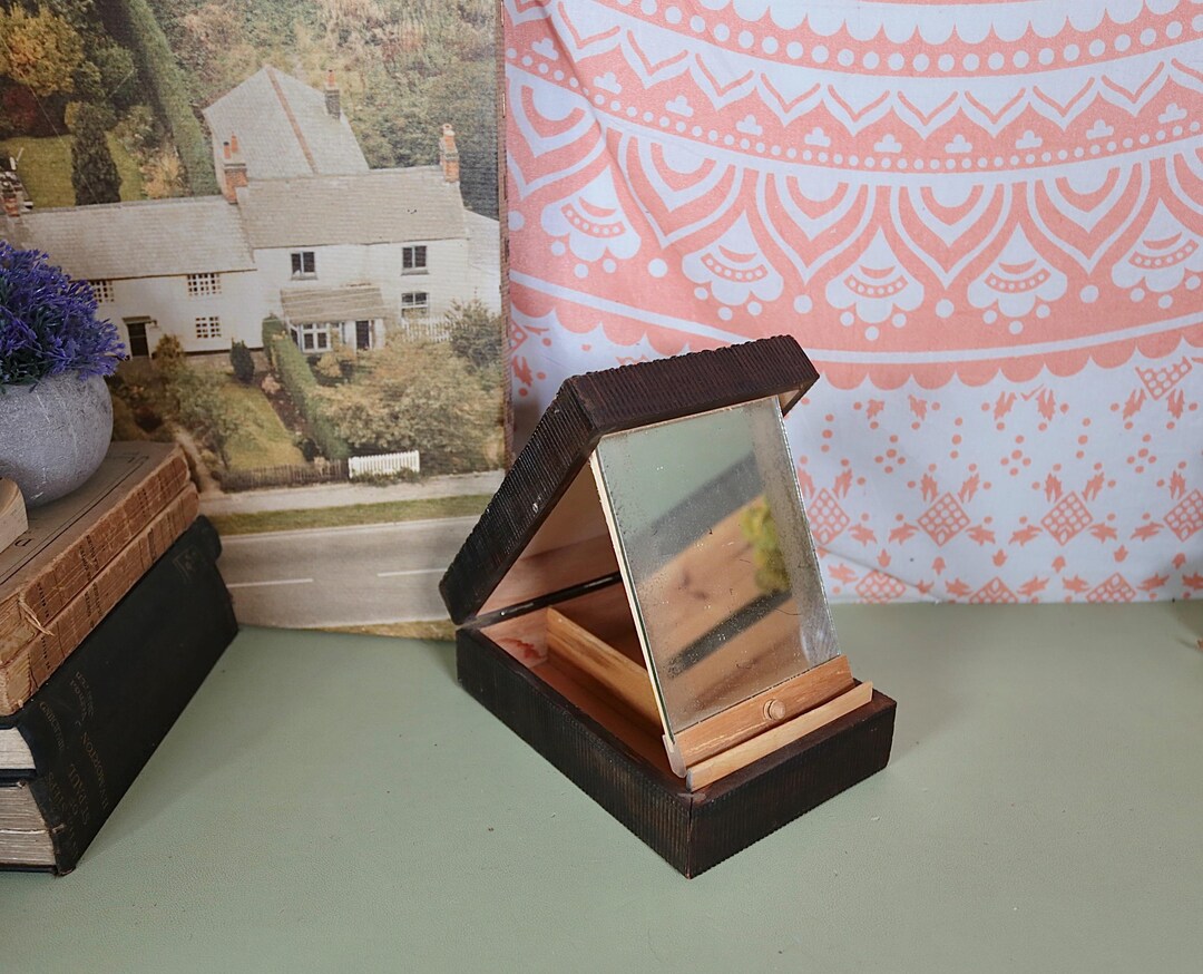 Vintage Wooden Storage Box With Folding Mirror & Compartments - Etsy