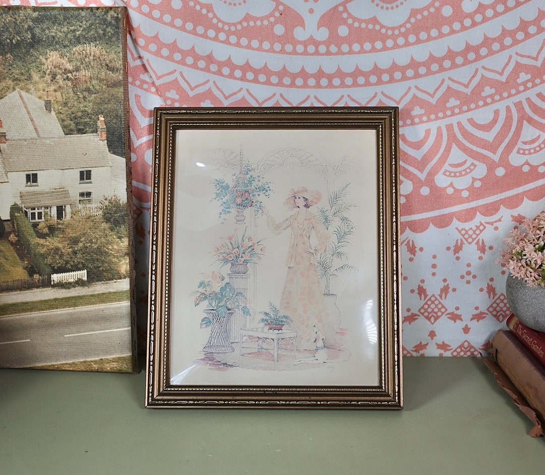 Vintage Framed Print Elegant Lady and Floral Print - Etsy