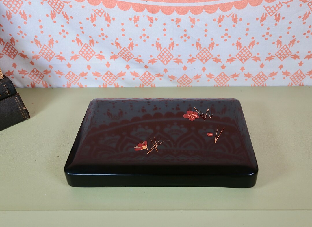 Vintage Storage Box Black Plastic Lacquered Box With Flowers on the Top ...