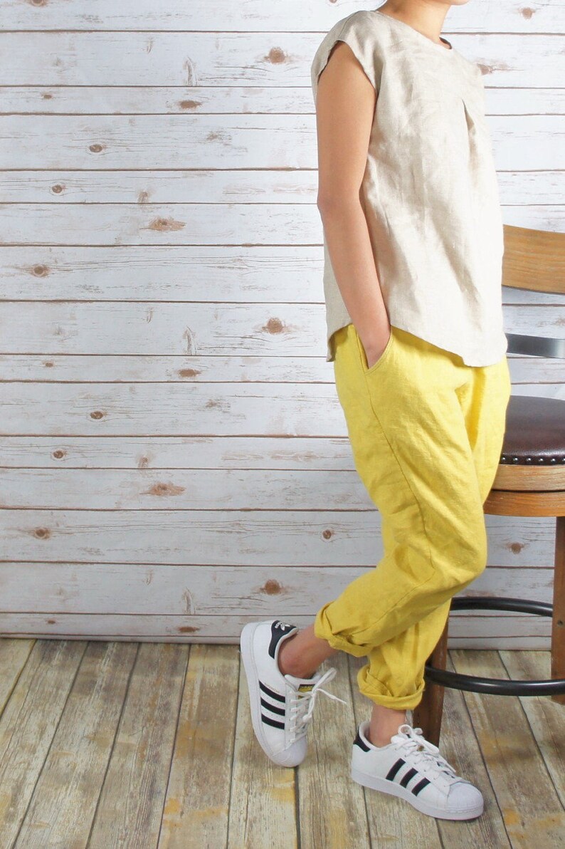 Pl2201/100%linen EVERYDAY Pants-washed/ Textured/ Linen/flax/pull-up ...