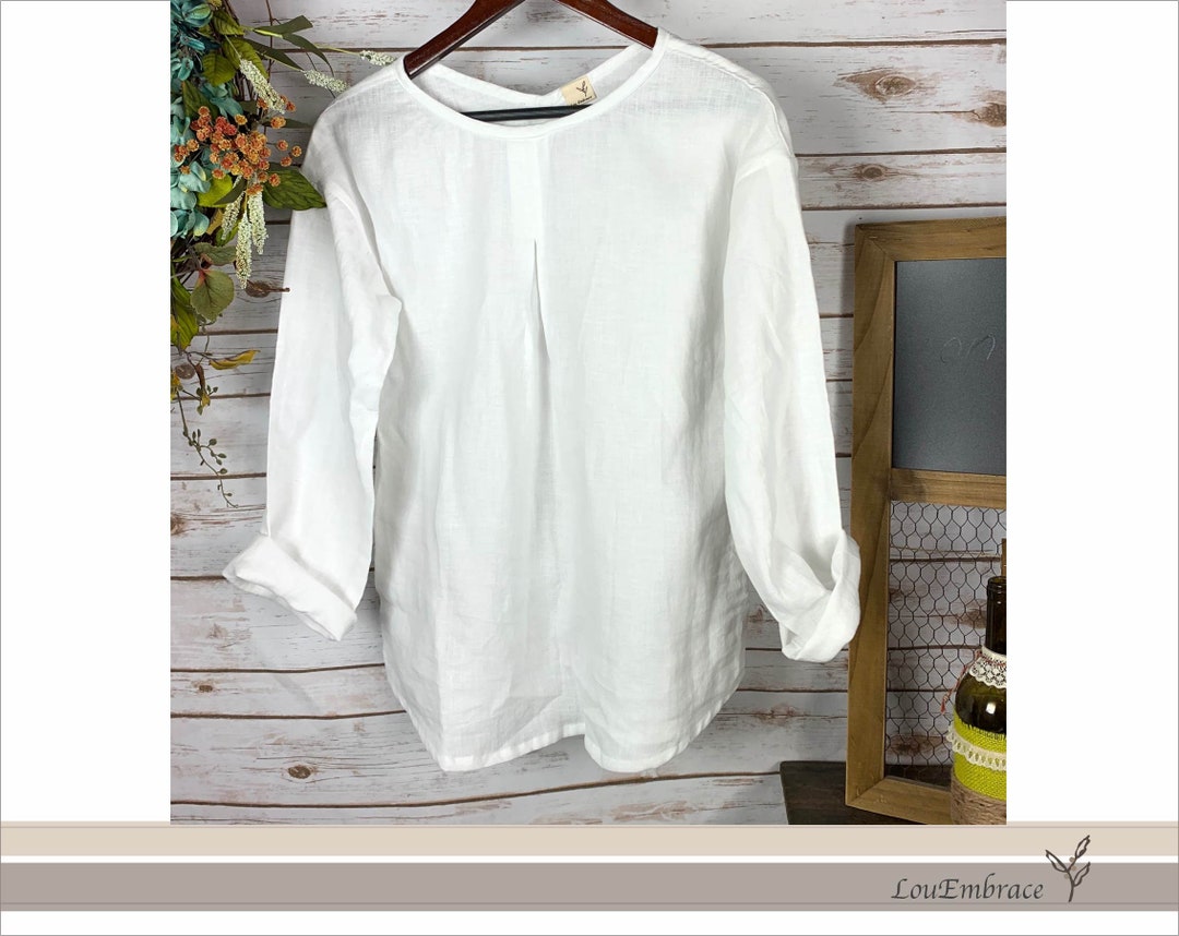 TOP Size S/LD1504/100% LINEN Linen Top/long Sleeves/ Color White ...