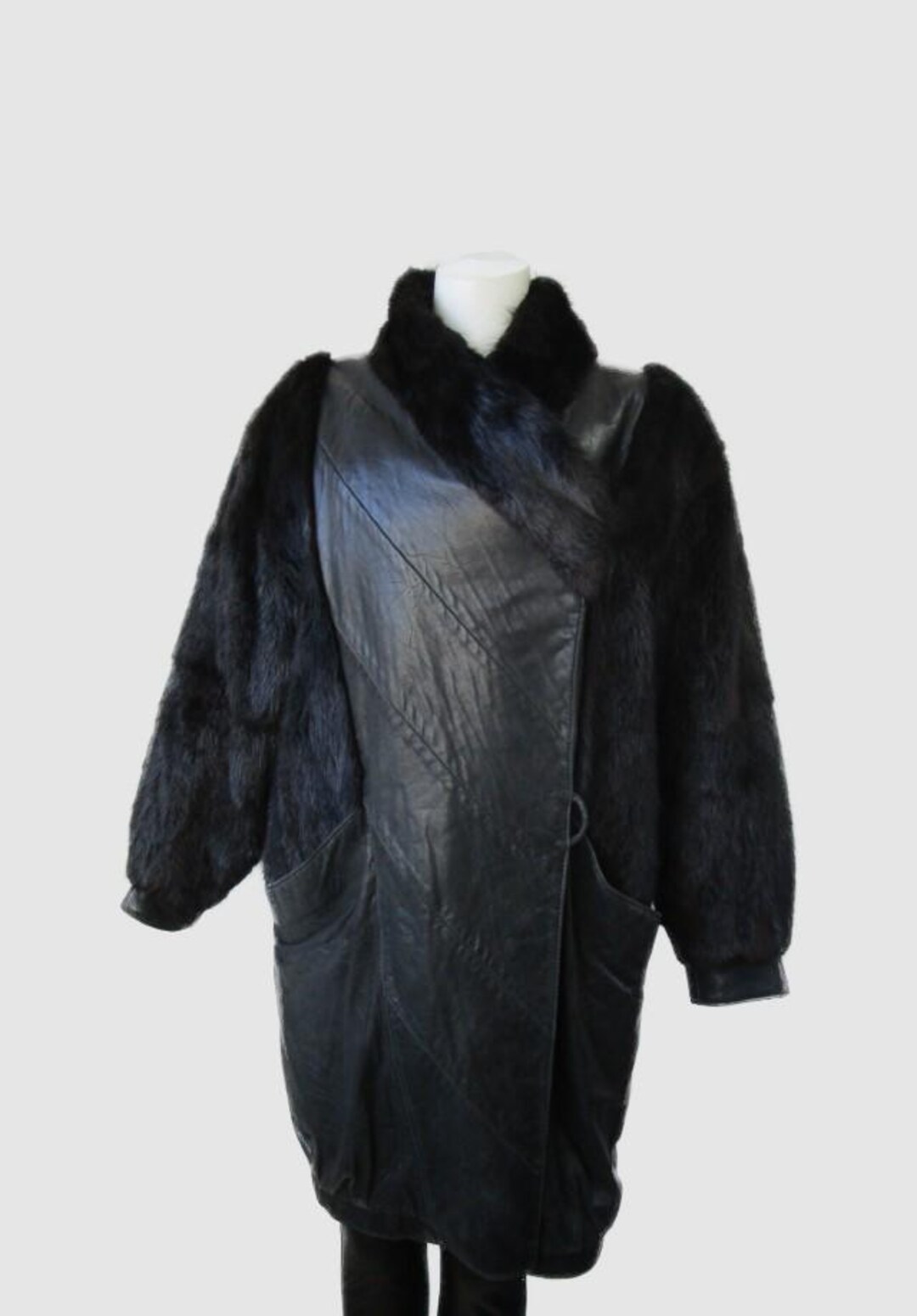 Women's Black Leather Coat Jackat With Muskrat Fur Woman Sz 14 - Etsy