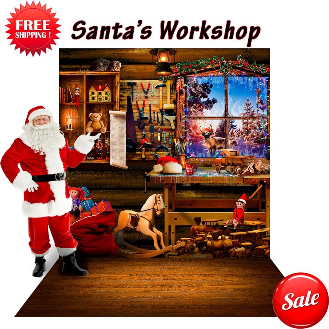 Santa's Workshop Photography Backdrop With Christmas Toys, Elves and ...