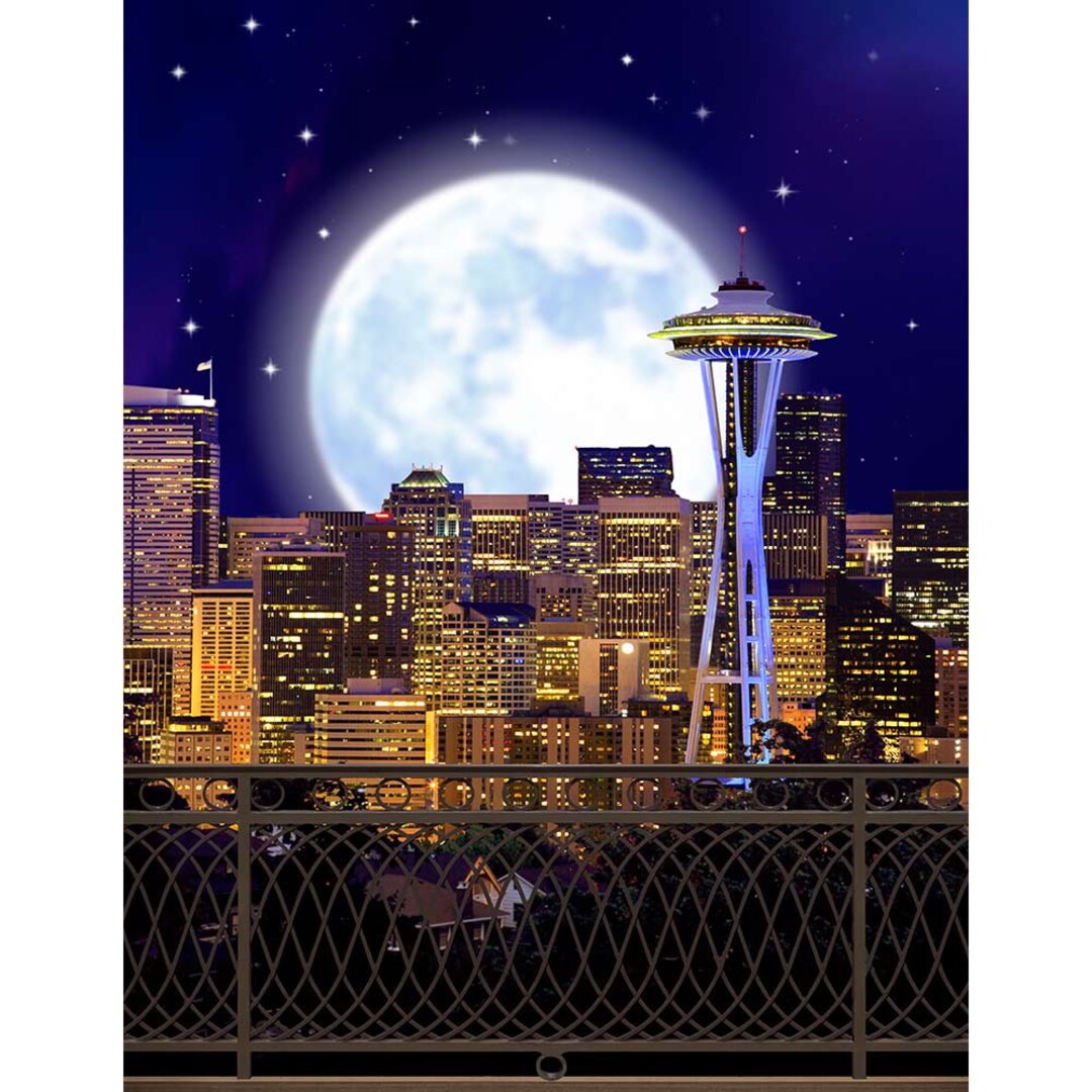 Seattle Skyline at Night 5.5x6.5ft Photo Backdrop, Space Needle With ...
