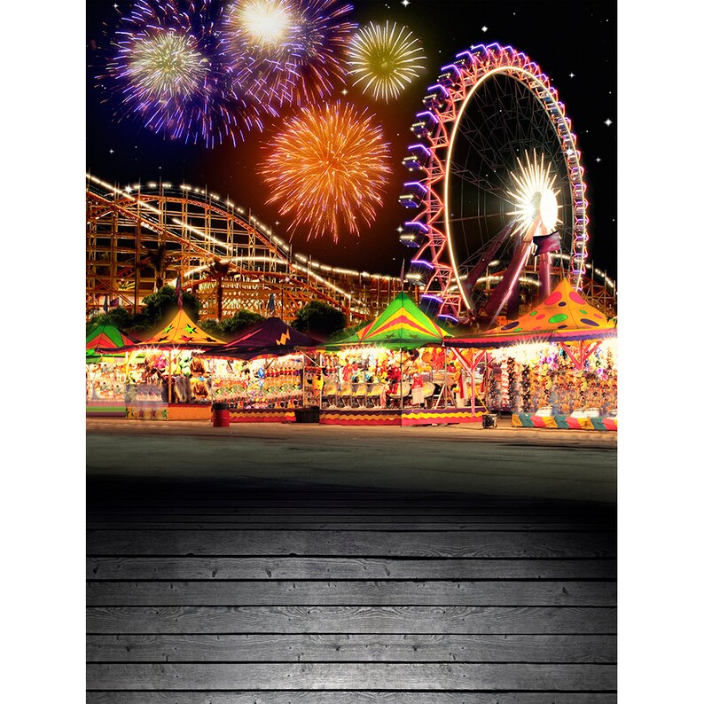 Carnival Fireworks Photo Backdrop, Roller Coaster & Ferris Wheel Fabric ...