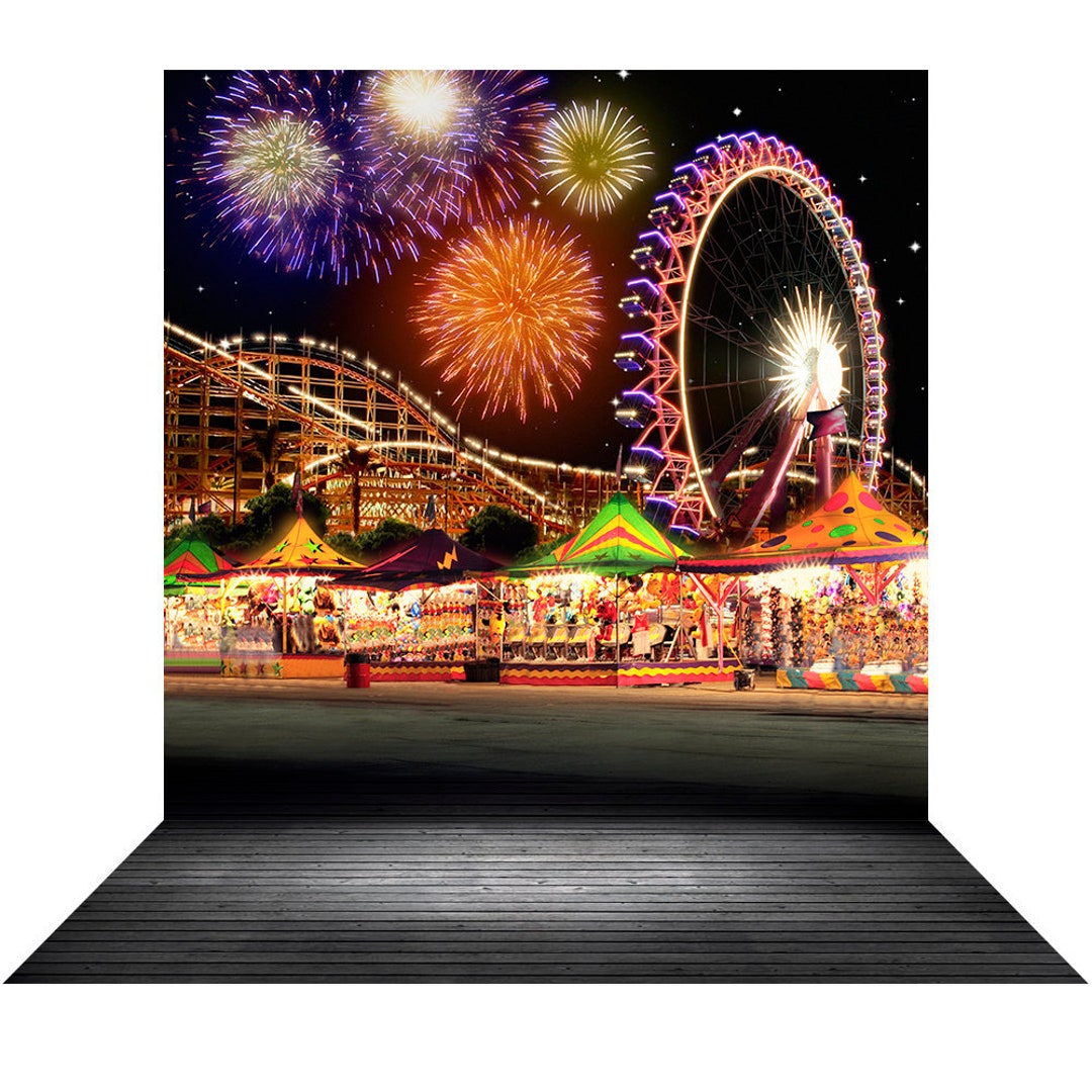 Carnival Fireworks Photo Backdrop, Roller Coaster & Ferris Wheel on ...