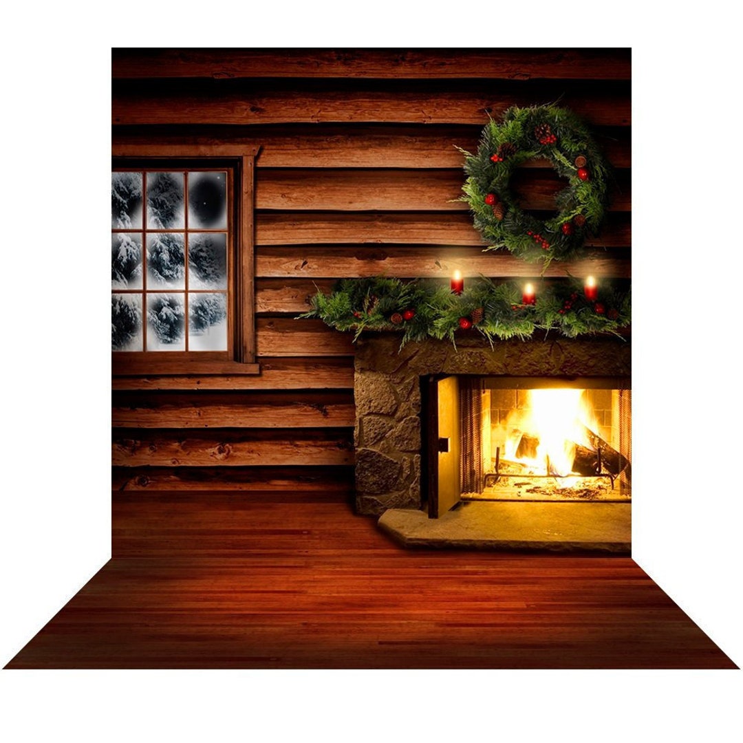 Christmas Cabin Photo Backdrop Prop, Fire in the Hearth Interior ...