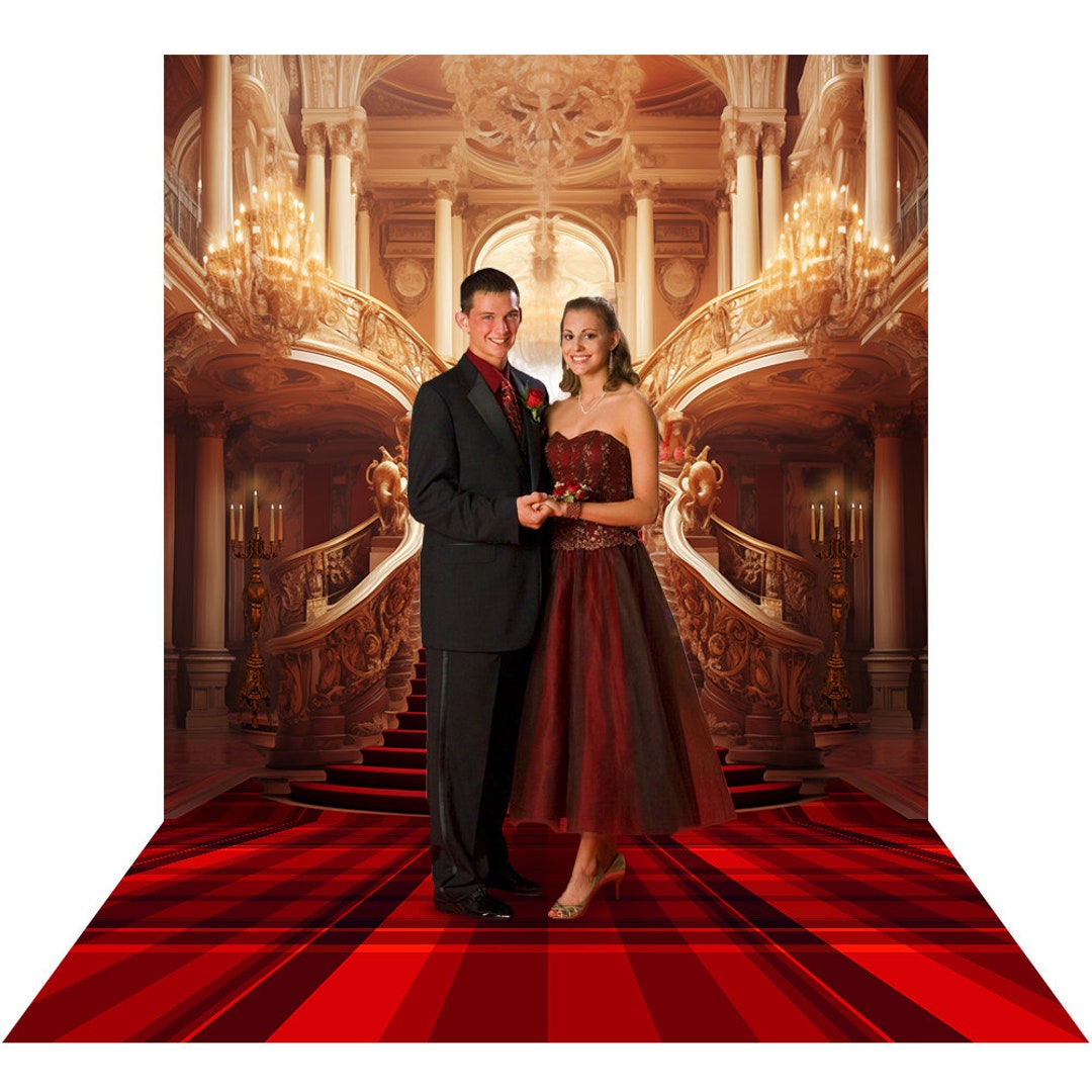 Exquisite Palace Staircase Backdrop, Red and Gold Prom Photo Backdrop ...