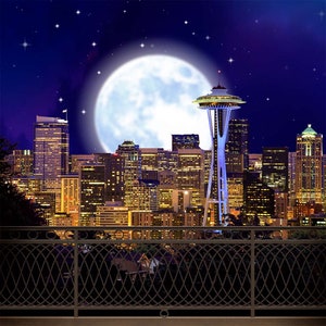 Seattle Skyline at Night Photo Backdrop, Space Needle With Full Moon ...
