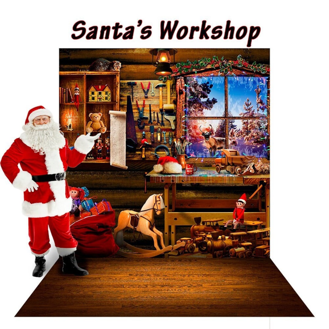 Santa's Workshop Photography Backdrop With Christmas Toys, Elves and ...