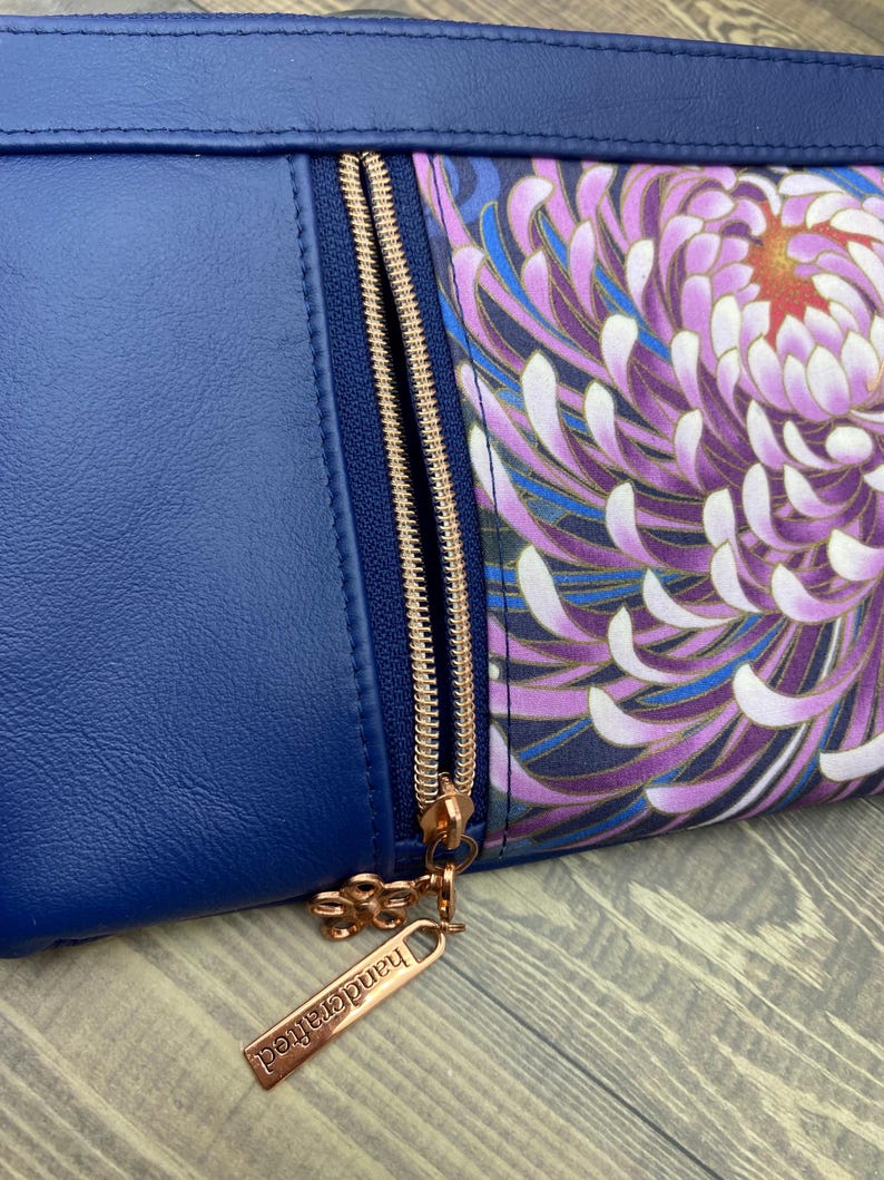 Elegant Blue Kangaroo Leather Clutch /wristlet With Floral Accent Panel ...