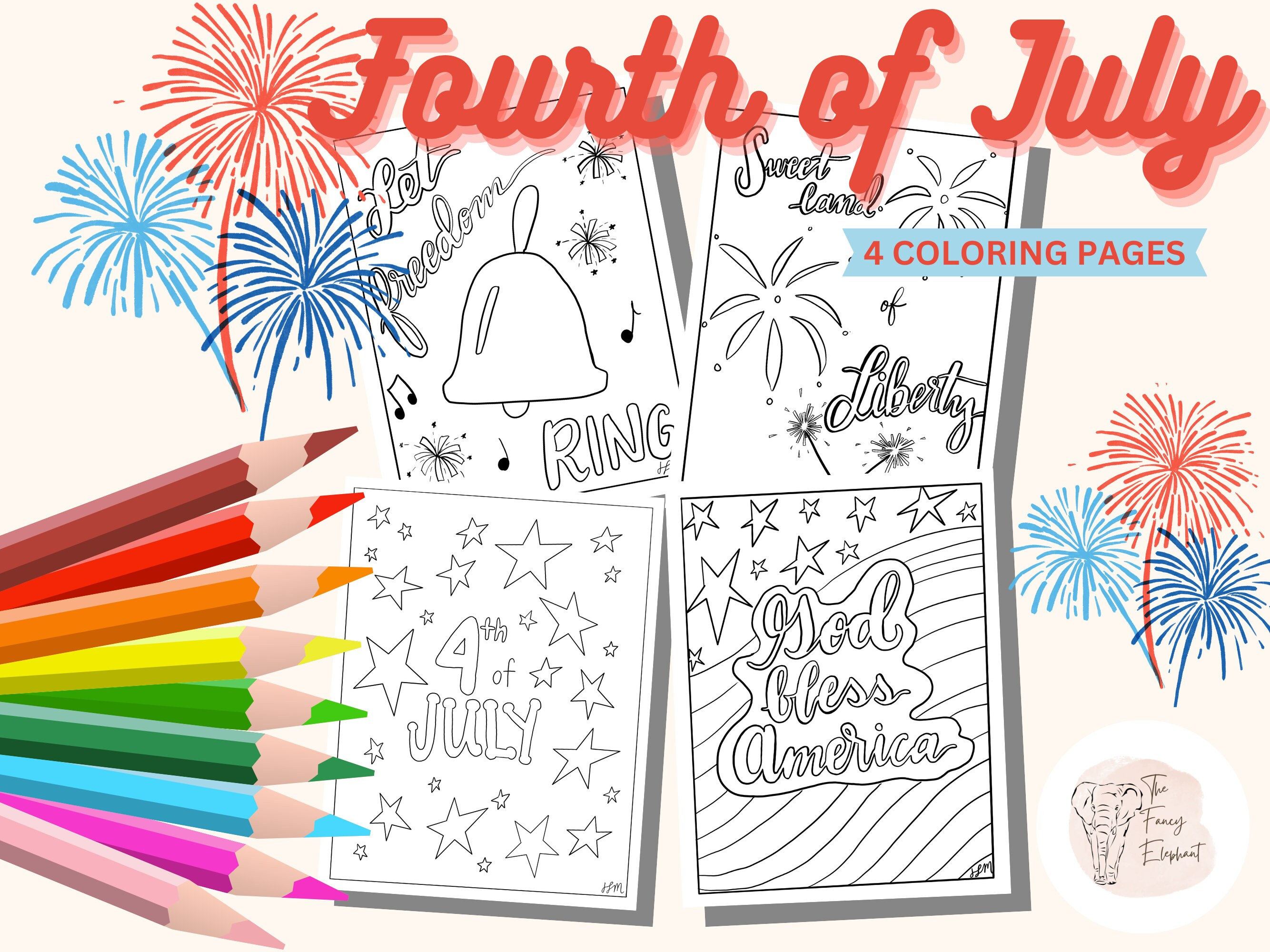 Fourth of July Coloring Pages | Bundle of 4 | Instant PDF Download ...