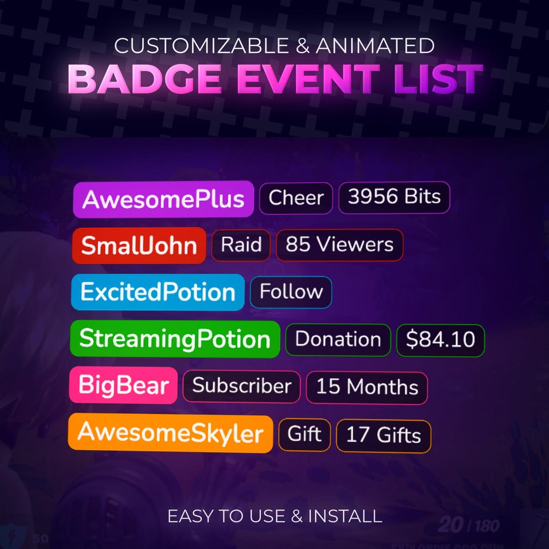Badge Event List for Twitch, Streamelements & OBS | Display All Alerts ...