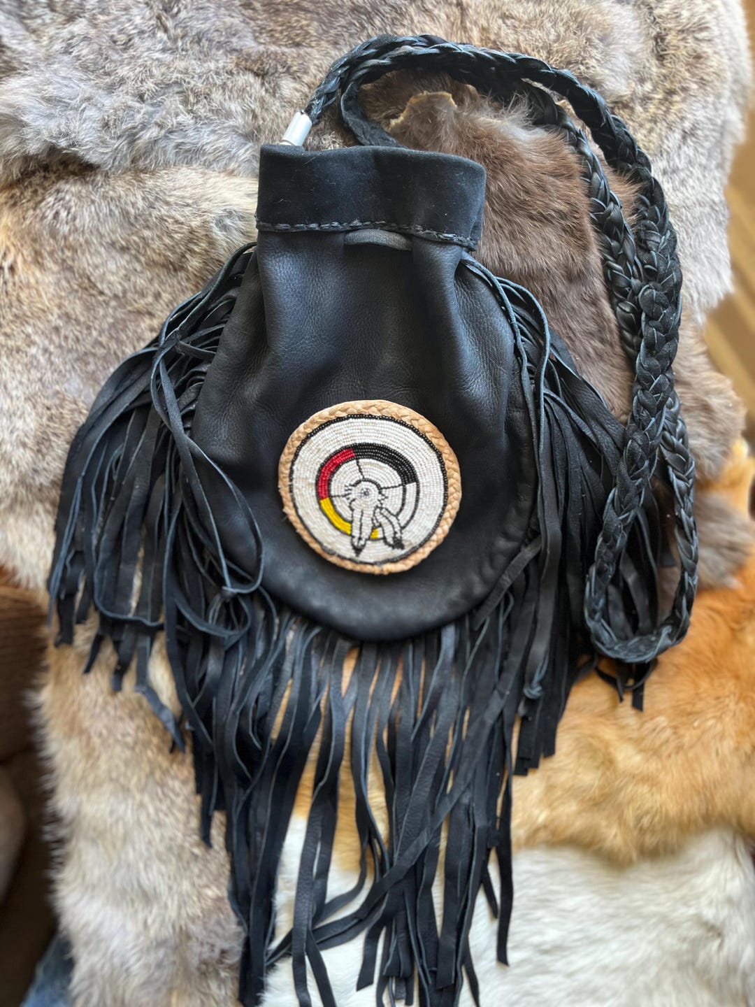 Buckskin Crossbody Drawstring Bag With Beaded Rosette – Handmade Native ...