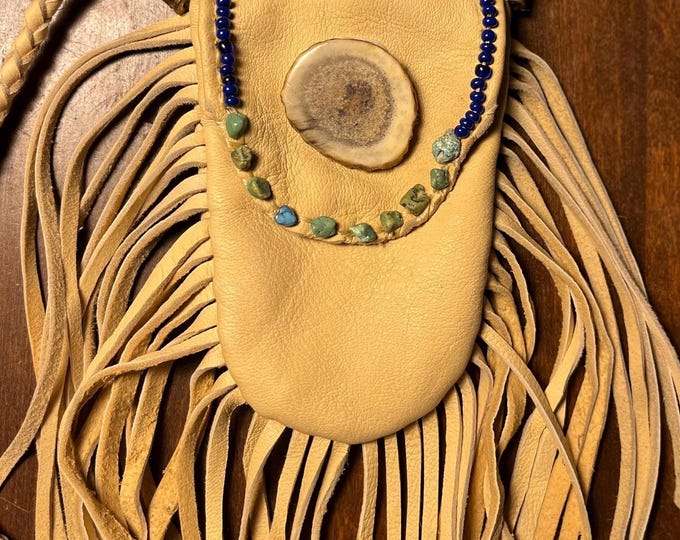Buckskin Beaded Pouch With Antler Medallion – Handmade Fringe Necklace ...