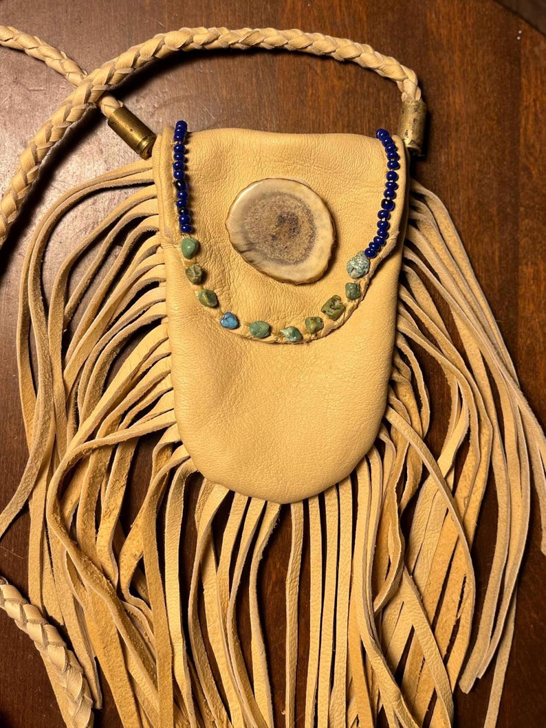 Buckskin Beaded Pouch With Antler Medallion – Handmade Fringe Necklace ...