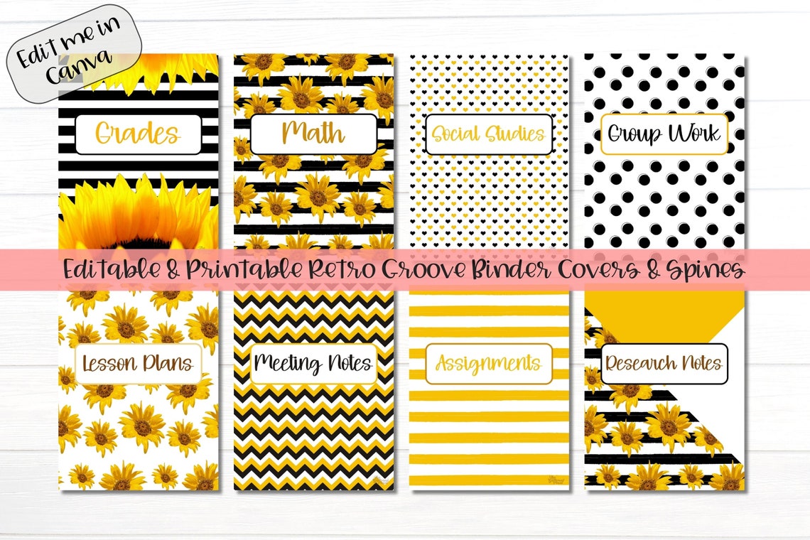 Editable Sunflower Binder Covers and Spines Canva Template 8 Patterns ...