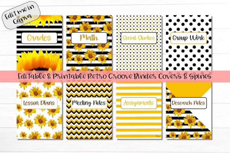 Editable Sunflower Binder Covers and Spines Canva Template 8 Patterns ...