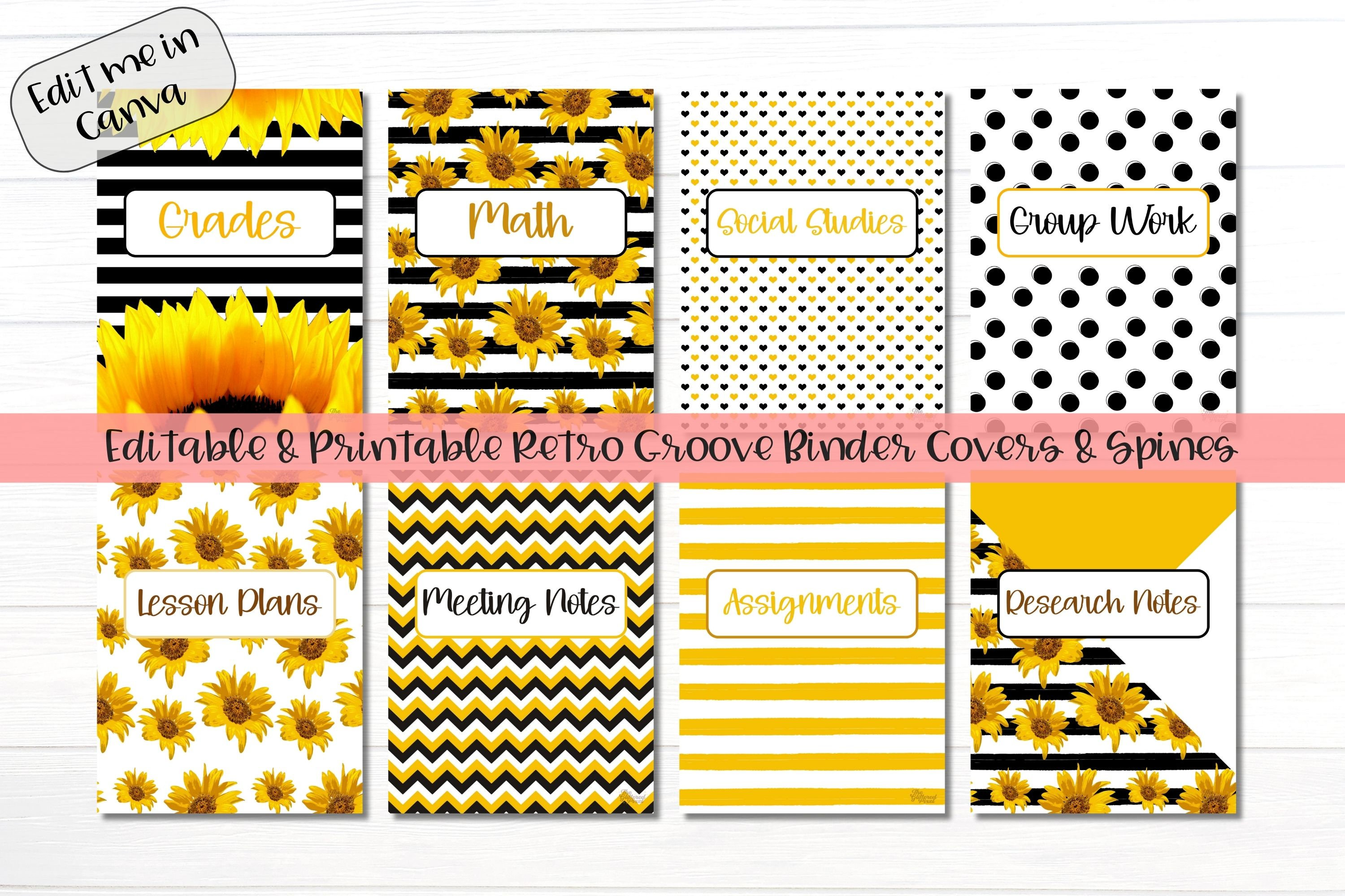 Editable Sunflower Binder Covers and Spines Canva Template 8 Patterns ...