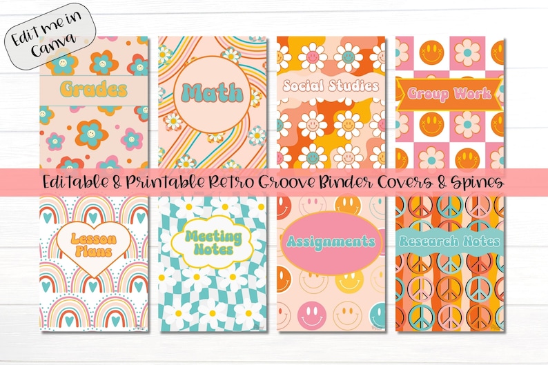 Editable Retro Groove Binder Covers and Spines - Canva Template - 8 ...