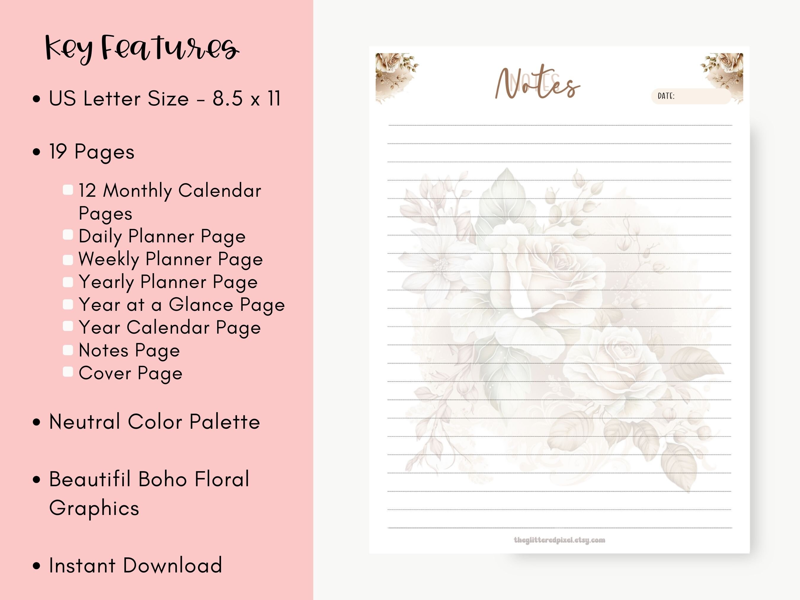2024 Printable PDF Neutral Boho Floral Planner - US Letter Size 8.5 X ...