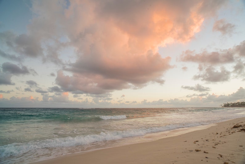 Beach at Sunrise, Peach Colored Sky, Waves, Pigment Print, Wall Decor ...