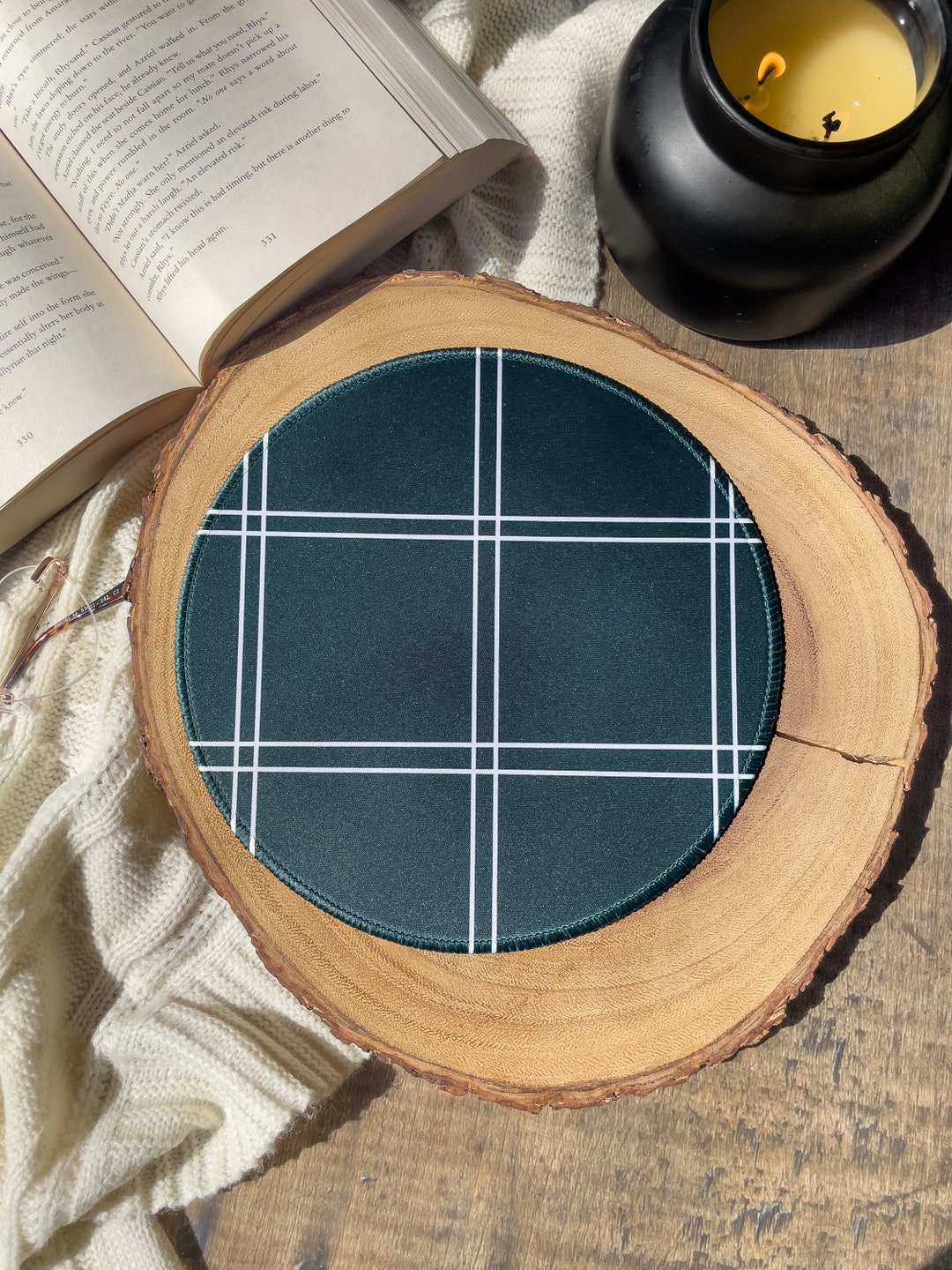 Dark Green Plaid Mousepad | 8.6" | Round Non-slip Low Friction Mouse ...