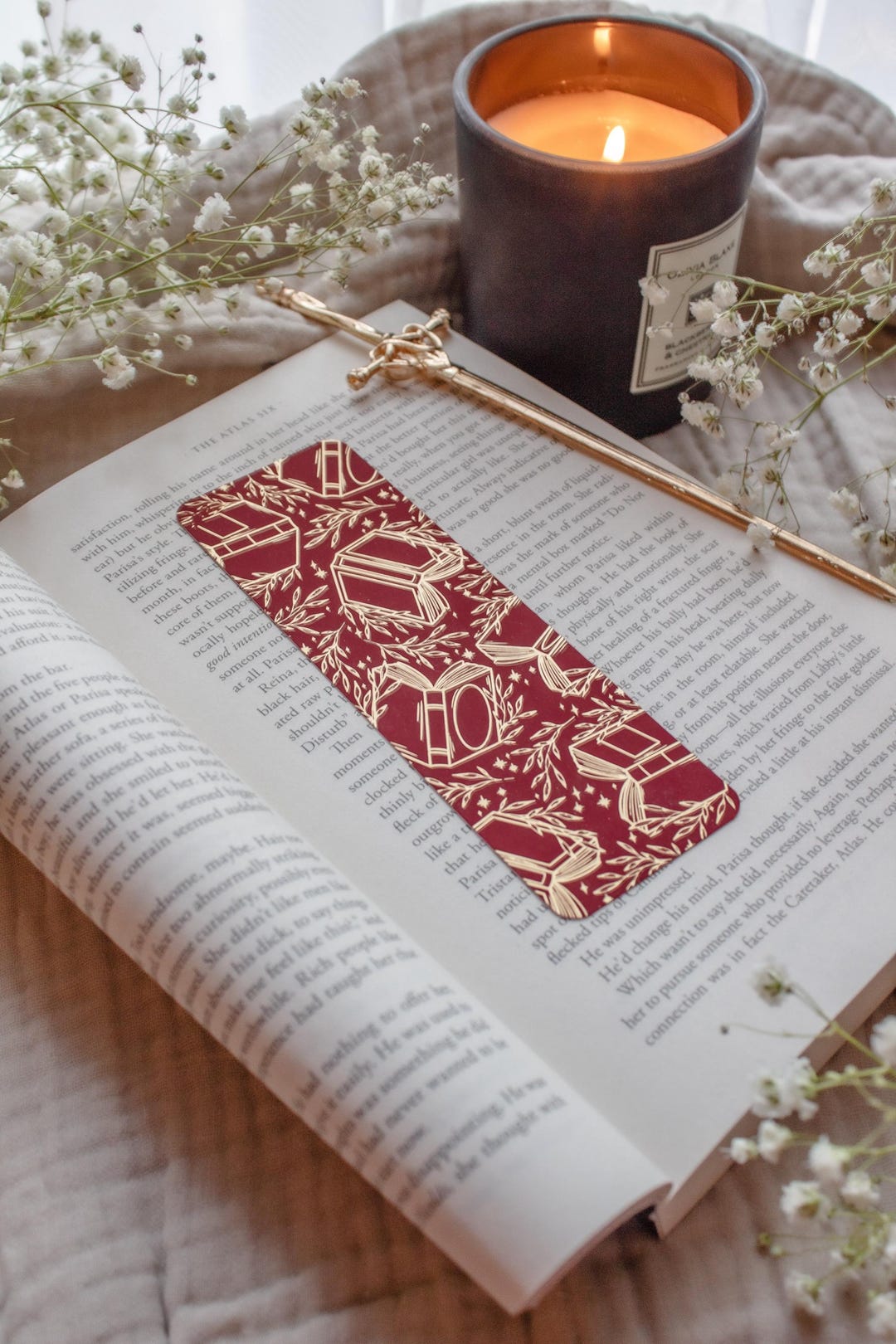 Floating Books Gold Foil Crimson Bookmark for Readers and Book Lovers ...