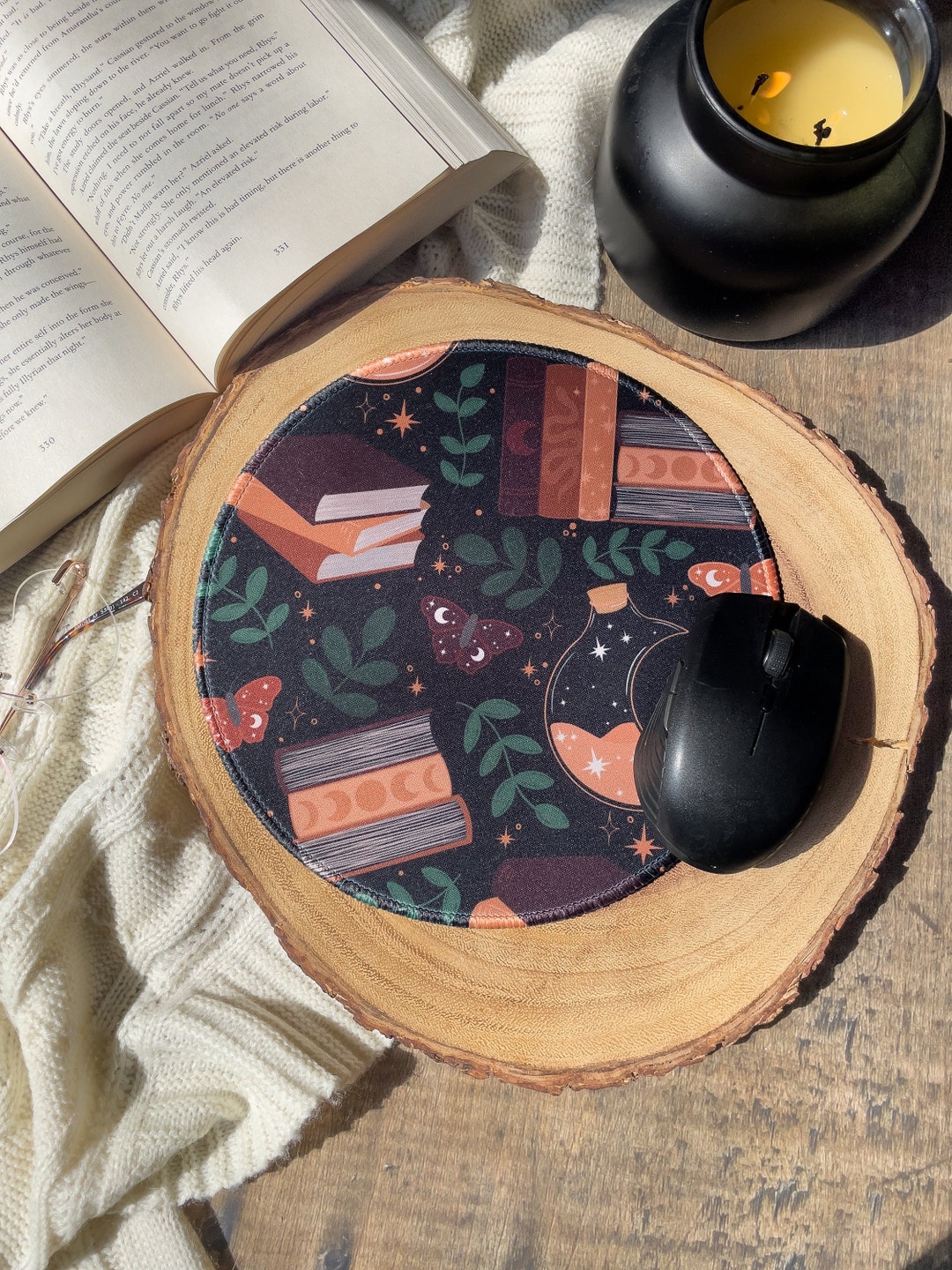 Burgundy Books Mousepad | 8.6" | Round Non-slip Mouse Pad | Magical ...