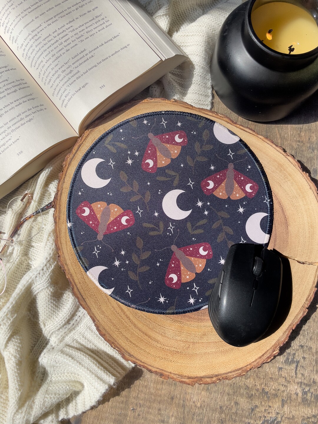 Midnight Moths Mousepad | 8.6" | Round Non-slip Low Friction Mouse Pad ...