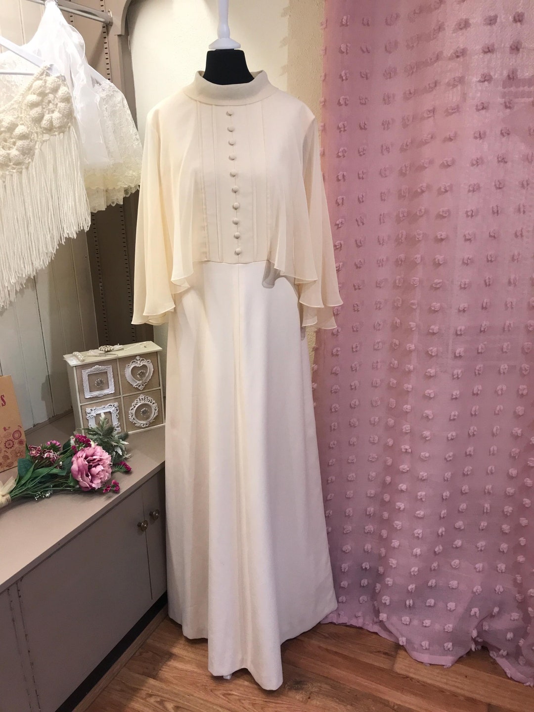 1960s Vintage Wedding Dress, Peggy French Couture, Cream Chiffon Cape ...