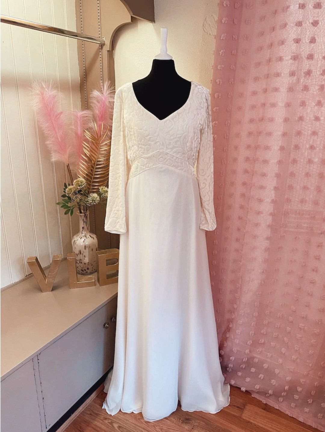 Velvet Wedding Dress, Ivory, Long Sleeve Wedding Dress, Devore Bodice ...