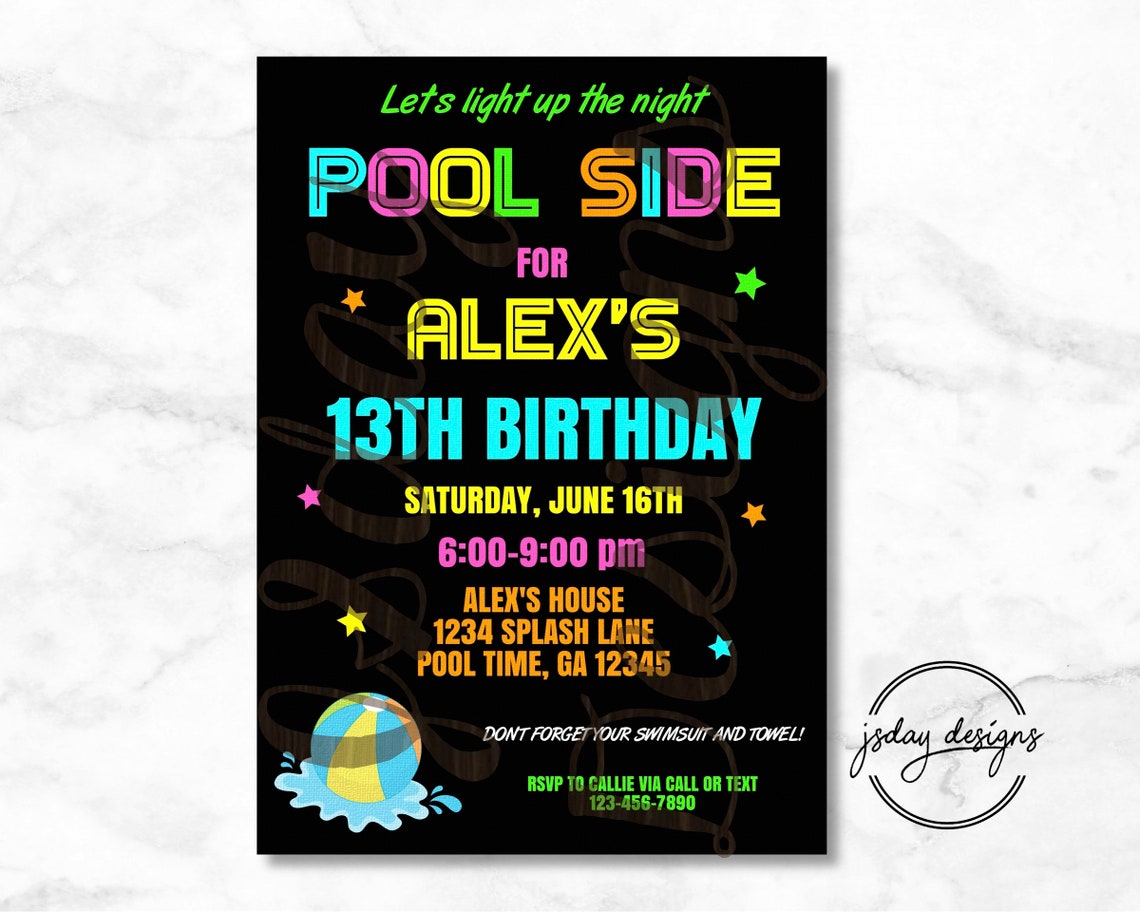 Pool Party Glow Neon Theme Birthday Party Invite Glow in the - Etsy
