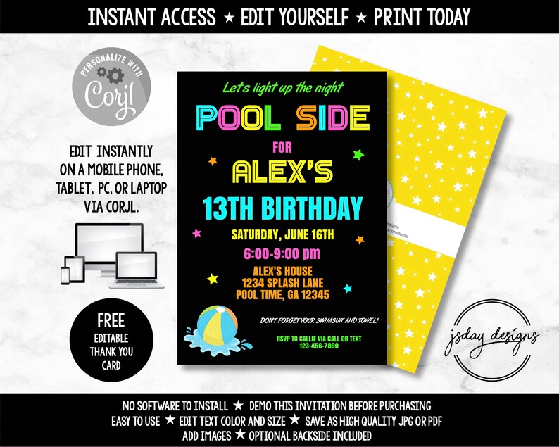 Pool Party Glow Neon Theme Birthday Party Invite Glow in the - Etsy