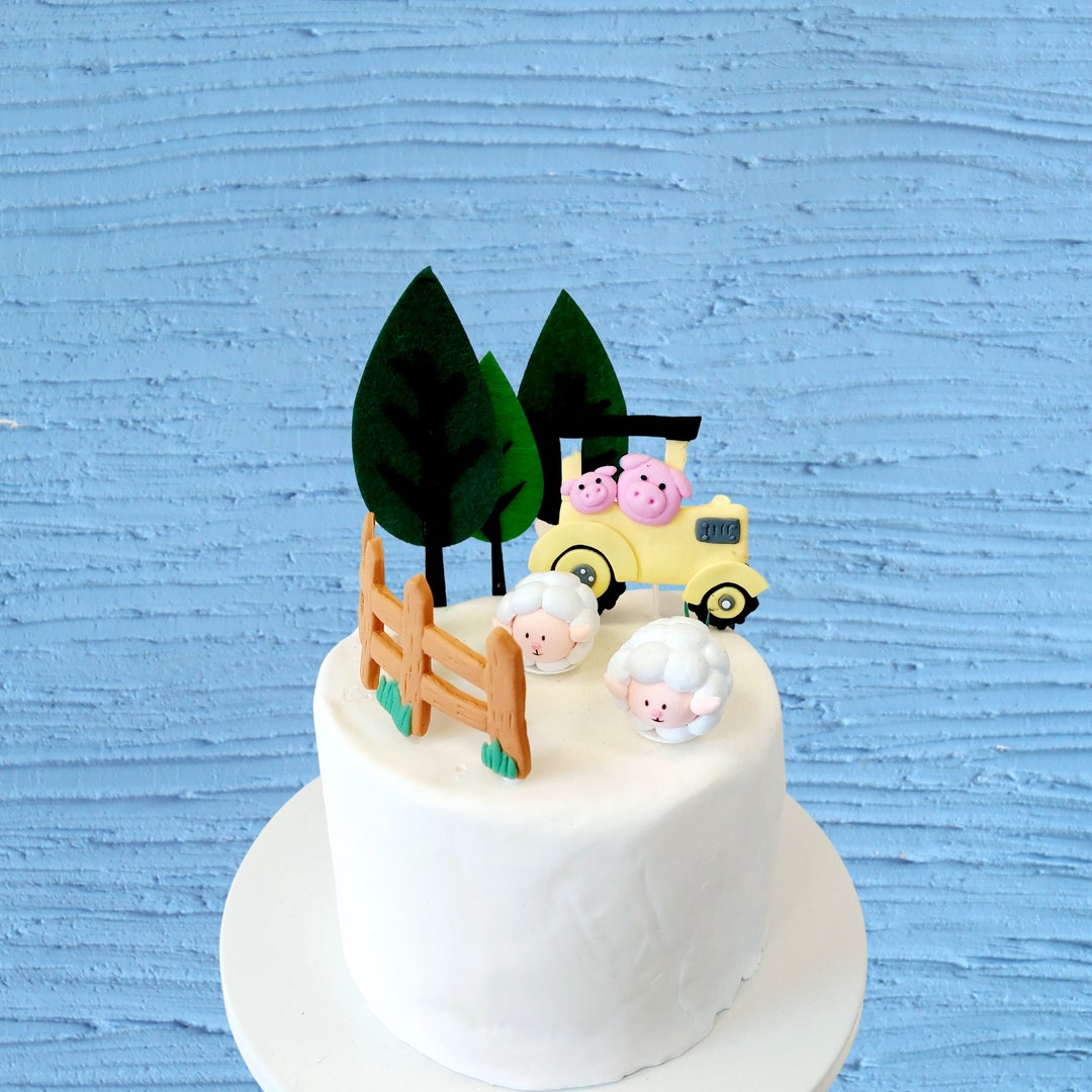 Farm Animal Cake Topper Modelling Clay Cute Sheep Pigs Truck Fence Felt ...