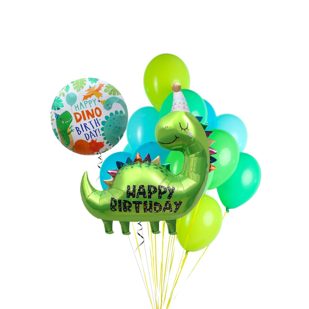 Happy Birthday Green Dinosaur With Hat and Blue Green Latex Balloons ...