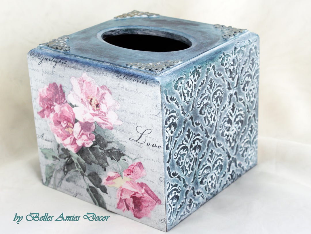 Tissue Box Cover With Vintage Rose, Shabby Tissue Box Holder, Beautiful ...