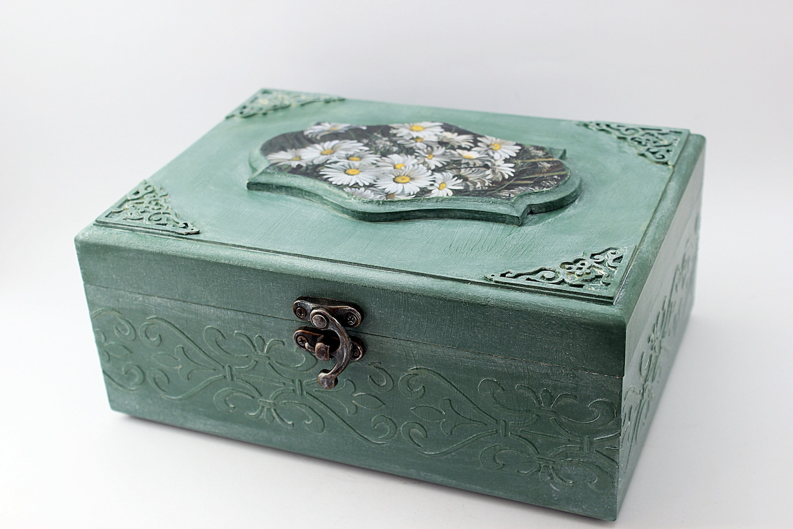 Daisy Tea Box, Wooden Jewelry Box, Elegant Gift for Woman, Green ...