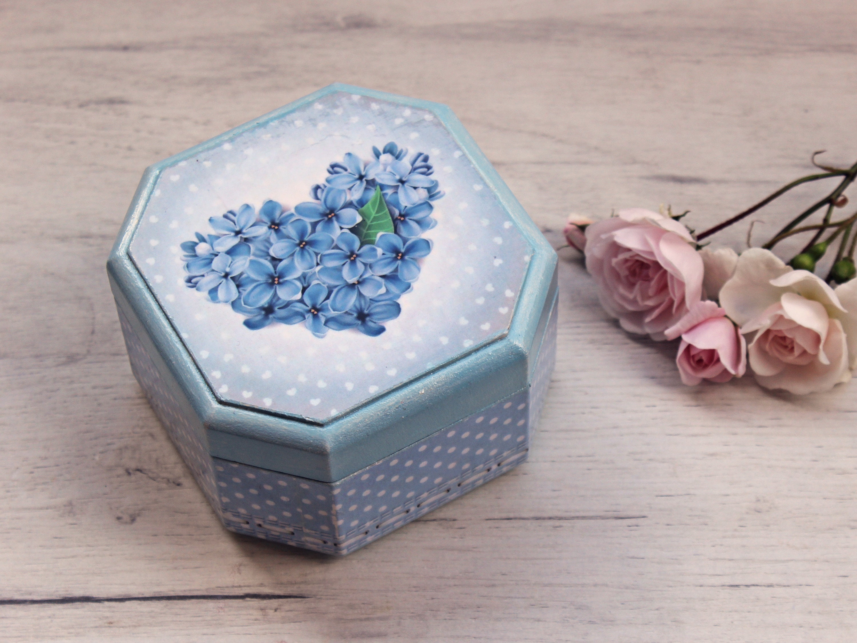Small jewelry box with blue lilac heart shabby chic octagonal | Etsy