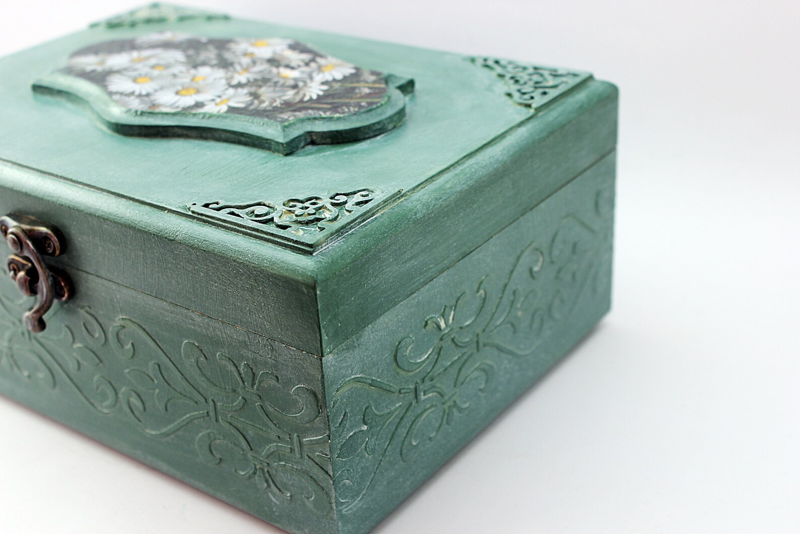 Daisy Tea Box, Wooden Jewelry Box, Elegant Gift for Woman, Green ...